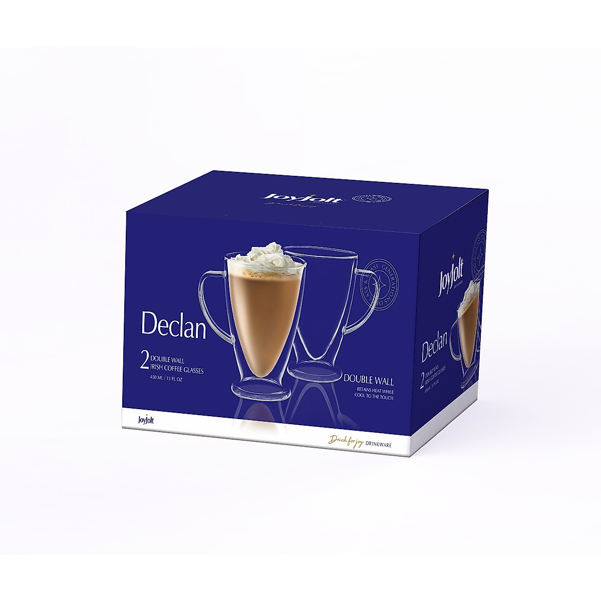 JoyJolt Declan Irish Double Wall Insulated Glass Coffee Cups (Set of 2) -15-Ounces