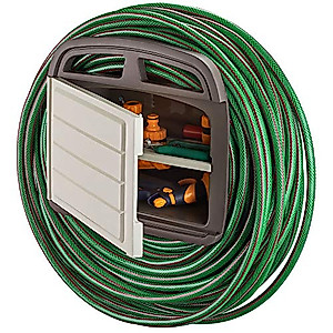 DF OMER Plastic Garden Water Hose Holder with Storage Compartment Fits 150 ft. Hose – 10x7x5 in. Weatherproof Wall Mount Hose Rack Hanger for Outside with 2 Shelves for Garden Equipment