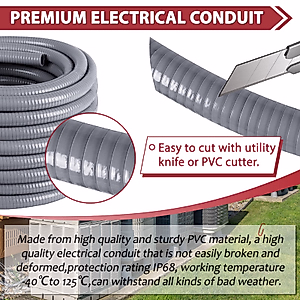 VASALAID 1/2inch 25ft Electrical Conduit Kit, Flexible Non Metallic Liquid Tight Conduit, Flexible Conduit with 6 Straight and 3 Angle Fittings, Not Include 10-AWG 3 Colour Wire (1/2" Dia)