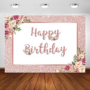 Avezano 6x5ft Rose Gold Birthday Backdrop Pink Glitter Flowers Happy Birthday Party Decorations 16th 21st Birthday Photography Background for Women and Girls Floral Photo Booth Banner