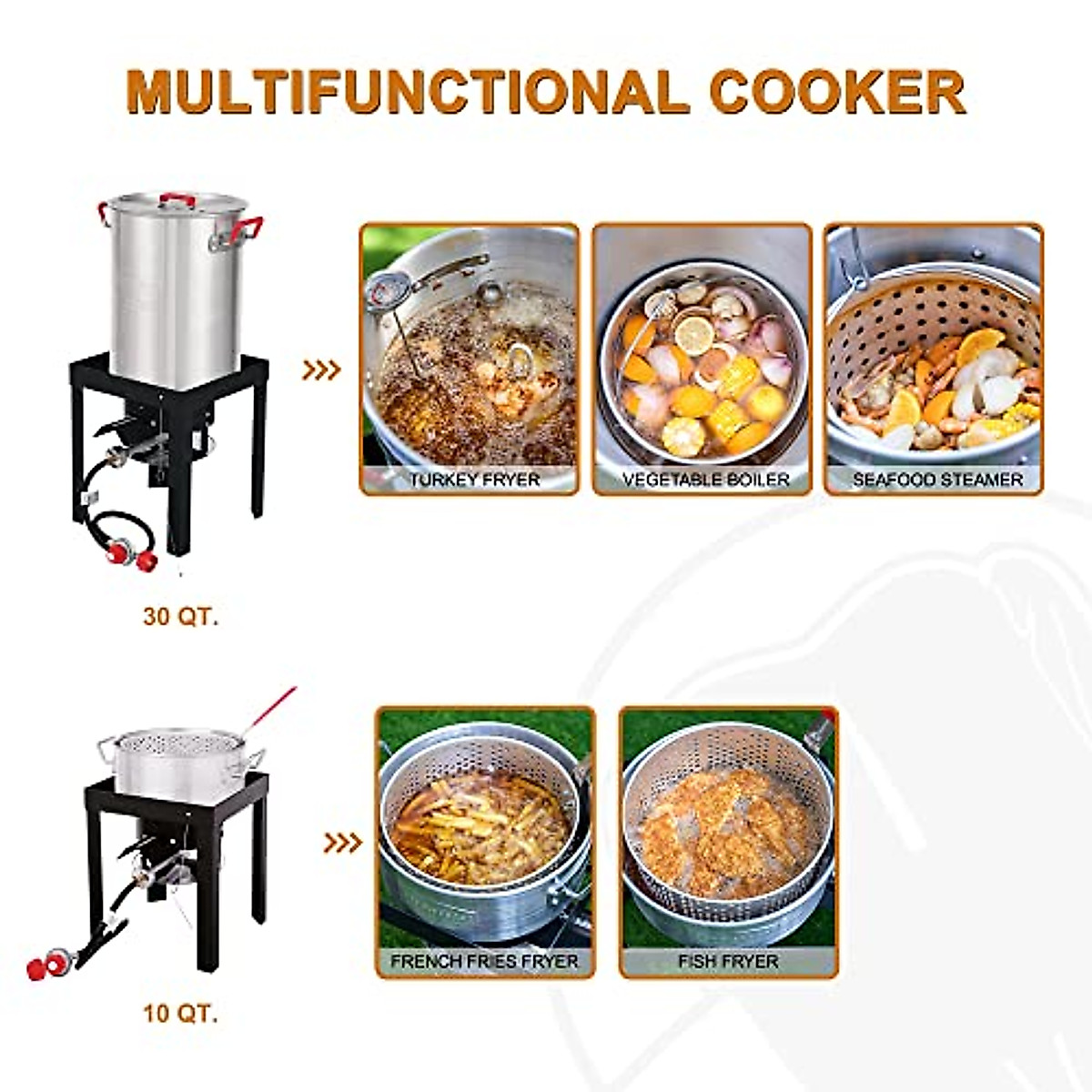 Grills House Turkey Fryer Set TF30TG, Aluminum Fish Boiler Steamer Kit with Heat-Resistant Gloves, 50,000 BTU Propane Burner, Ideal for Thanksgiving Day and Outdoor Cooking, 30 Qt & 10 Qt Pot