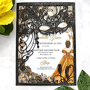 JOACHUUY 20PCS Masquerade Invitation SVG, DXF, PNG, Quinceanera Invitations,pocket invitation with envelops for xv,16 birthday,bridal shower. (glitter black)