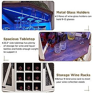 OKD Corner Bar Storage Cabinet, 72" Tall Farmhouse Wine Bar Cabinet w/Barn Door & Adjustable Shelves, Home Bar Cabinet w/LED Lights & Glass Rack for Dining Room, Living Room, Kitchen, Antique White