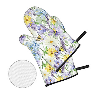 Oven Mitts and Pot Holders Sets 4 Piece, Retro Pastel Flowers Lavender Butterfly Oven Gloves Heat Resistant Non-Slip for Kitchen Cooking Grilling Baking