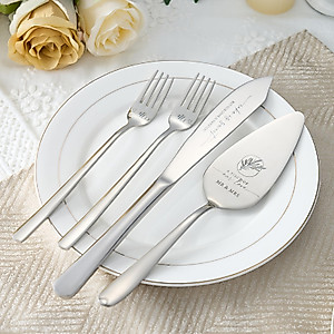 AW BRIDAL 4Pcs Wedding Cake Knife and Server set with Forks, Stainless Steel Engraved Cake Cutting and Pie Server Gifts for Bridal Shower Engagement, Silver