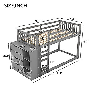 P PURLOVE Twin Over Twin Bunk Bed with Attached Cabinet and Shelves Storage, Wooden Bunk Bed Frame with Ladder and Guardrail, for Teens Girls Boys, Gray