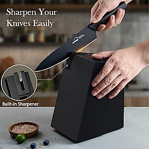 Knife Set, 15 Pieces Kitchen Knife Set with Block Built in Knife Sharpener, Dishwasher Safe, German Stainless Steel Knife Block Set, Elegant Black