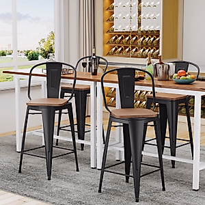 Alunaune 30" Swivel Metal Bar Stools Set of 4 High Back Counter Height Barstools Industrial Dining Bar Chairs with Large Wooden Seat-Matte Black