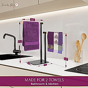 Black Hand Towel Stand for Countertop - Steel and Bamboo Hand Towel Holder for Bathroom Countertop, Double L-Shaped Black Hand Towel Holder for 2 Towels with Non-Slip Pads