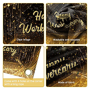 Lofaris Happy Work Anniversary Decorations Black Gold Happy Workiversary Banner Background for Office Party Staff Banner Employee Appreciation Party Decoration 70.8x43.3inch
