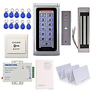 MENGQI-CONTROL Waterproof Metal RFID Keypad Door Entry Systems & 600lbs Electric Magnetic Lock+110V Power Supply+Push to Exit Button+RFID Keychains/Cards