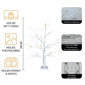 NEEDOMO Money Tree Gift Holder, 24" 2FT Lighted Birch Trees with LEDs, Battery Powered Timer with 12 Clear Clips Card, for Christmas, Lottery Ticket, Memo, Birthday, Wedding, Photo, Graduation (White)