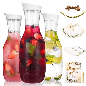 Tomnk 50oz Plastic Pitcher with Lid, Round Carafe Pitcher for Water, Cold Tea, Juice, Milk, Cold Brew, Mimosa Bar and Other Drinks, 2 Pack
