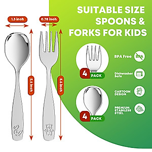 WXCWYQR 8 Pieces Toddler Utensils, Kids Stainless Steel Silverware Set - 4pcs Forks and 4pcs Spoon, Cute Children Flatware Sets with Mirror Polished, Self Feeding Safe, Dishwasher Safe