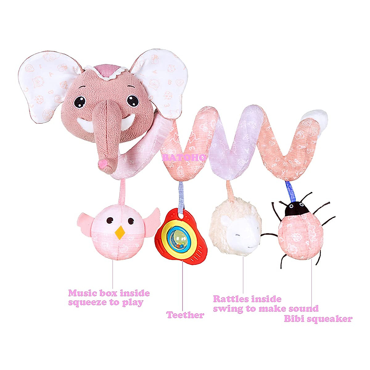 Car Seat Toys for Babies 0-6 Months, Infant Spiral Activity Toys Baby Gril Car Seat Toys 6-12 Months Hanging Stroller Toys for Baby Girls 0-6 Months with Musical Owl Rattle Sheep - Pink Elephant