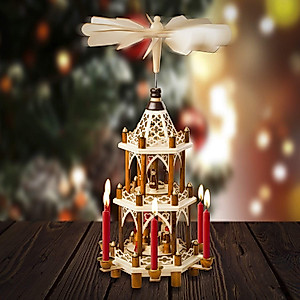 German Christmas Decoration Pyramid - 21 Inches - Wood Nativity Scene Set - Under The Christmas Tree and Table Top Holiday Decor - Nativity Play 3 Tiers Carousel with 6 Candle Holders - German Design