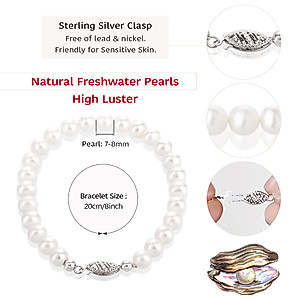 Pearlsays Natural Pearl Bracelets for Women 925 Sterling Silver AAA+ Quality Handpicked Real White Cultured Freshwater Pearl Strand Bracelet Birthstone July Charm Fine Jewelry For Women Gifts 7mm,