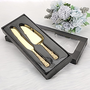 BSTKEY Pack of 2 Gold Cake Pie Pastry Servers, Cake Knife and Server Set, Vintage Engraved Cake Cutter Serving Spatula Set for Wedding Birthday Parties Christmas Thanksgiving and Events