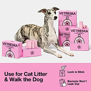 VETRESKA Cherry Blossom Scented Dog Poop Bags, Leak Proof, Extra Thick and Large Dog Waste Bags for Dog Walking and Cat Litter, 20 Refill Rolls, 300 Bags, Pink