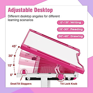 PayLessHere Kids Desk and Chair Set,Height Adjustable Study Desk for Kids with Pull Out Drawer Storage,Multi-function Study Desk and Chair for Writing, Reading and Drawing (Pink)