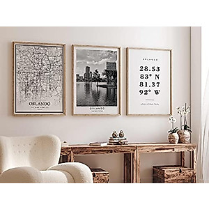 Dear Mapper Orlando United States View Abstract Road Modern Map Art Minimalist Painting Black and White Canvas Line Art Print Poster Art Line Paintings Home Decor (Set of 3 Unframed) (16x24inch)