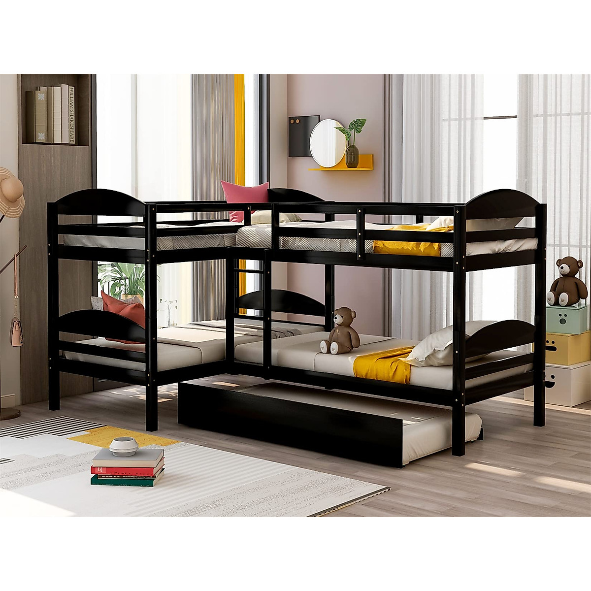Bellemave Quad Bunk Bed with Trundle L-Shape Bunk Bed Twin Over Twin Corner Bunk Bed for 4 or 5 Kids Boys Girls Teens, Espresso
