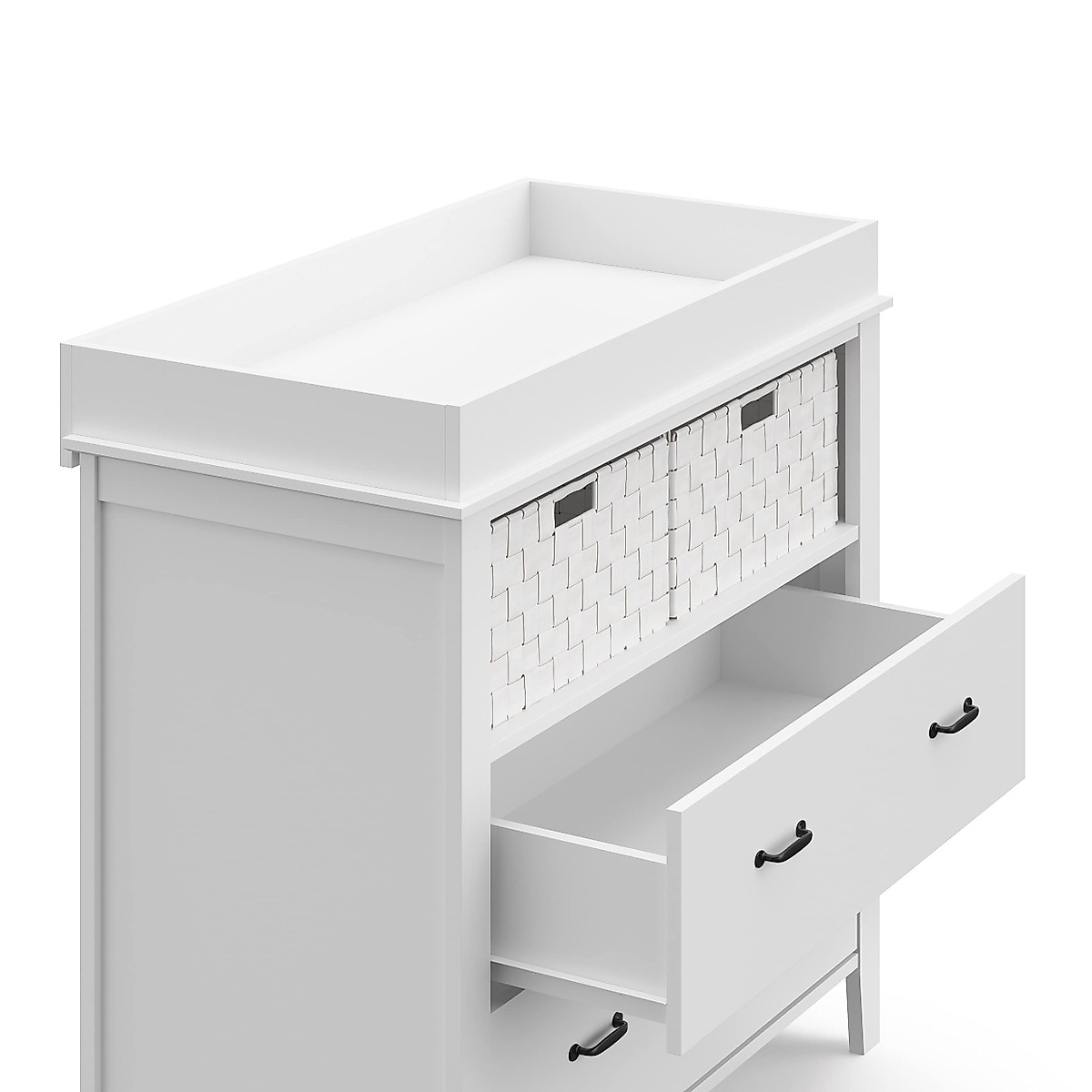 Storkcraft Forrest 2 Drawer Changing Table Chest with Baskets, Attached Changing Topper Fits Standard Size Changing Pad, 2 Drawers and 2 Open Shelves, White