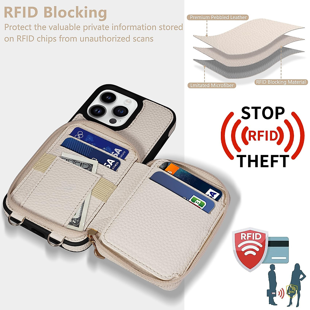 Keallce Compatible with iPhone 15 Pro Max 6.7 inch Case Wallet, Crossbody Zipper with RFID Blocking Card Slots Kickstand, Lanyard & Handstrap Flip Leather Cover for iPhone 15 Pro Max 2023, Beige