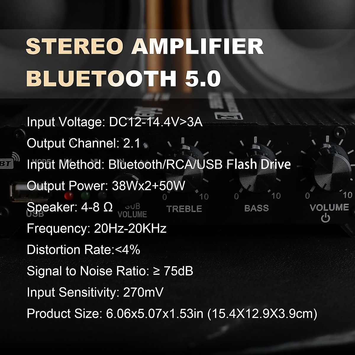 LP-838 2.1 Bluetooth Amplifier 38W+38W+50W Power Output with Remote Control Function, 2.1 Channels Bluetooth Amplifier Supports Bluetooth/USB/RCA Input(with 12V/5A DC Power Supply)
