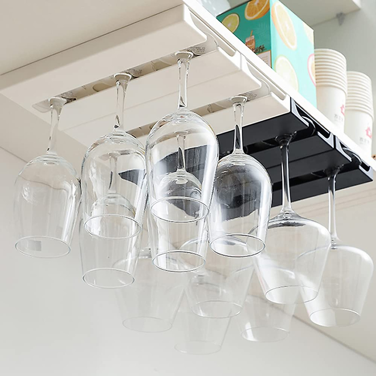 JAMEND CLXP - 2 PCS Plastic Wine Glass Rack, Under Cabinet Punch-free Wine Glass Holder, Glasses Storage Hanger Bar Kitchen Wine Glasses Organizer. (Black)