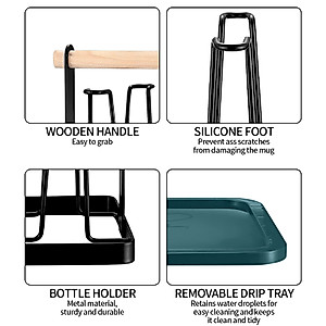 wugongshan Water Bottle Drying Rack, Cup Drying Rack, Coffee Mugs Wine Glass Drying Rack, Tumbler Bottle Drying Drainer Stand with Wood Handle & Removable Draining Tray for Kitchen Countertop