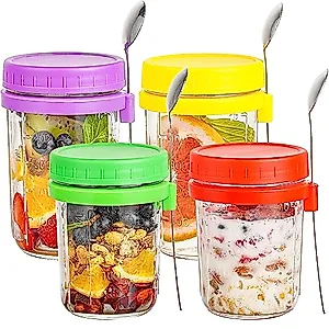 wookgreat Overnight Oats Jars, Overnight Oats Container with Leakproof Lid and Spoon Set of 4-2 pcs 16 Oz Glass Mason Jars & 2 pcs 12 Oz Wide Mouth Jars for Milk, Cereal, Salad, Milkshake Meal Prep