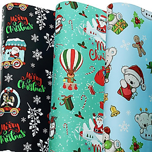 BOLIANNE Christmas Wrapping Paper for Kids Boys Girls - Funny Xmas Holiday Gift Wrap with Santa, Polar Bears, Horses for New Year Party - 6 Large Sheets, 27 x 37 Inch, High Gloss