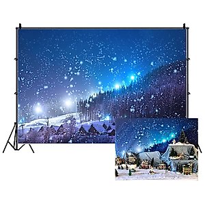 Leowefowa 7X5FT Christmas Backdrop Rustic Village Night View Forest Trees Snowing Shining Lights Blue Sky Winter Xmas Vinyl Photography Background Kids Children Adults Photo Studio Props