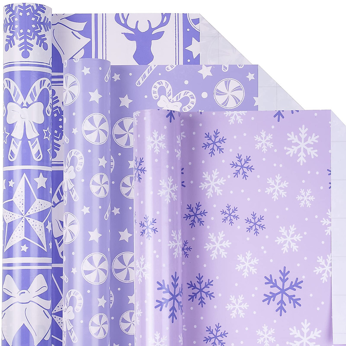LeZakaa Christmas Wrapping Paper Mini Roll - Bell & Tree/Candy Canes/Snowflakes Design in Light Purple for Gift Wrap, Arts Crafts - 17 x 120 inches - 3 Rolls (42.5 sq.ft.ttl.)