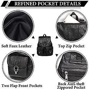 VASCHY Backpack Purse for Women, Fashion Faux Leather Buckle Flap Drawstring Backpack for College with Two Front Pockets Black