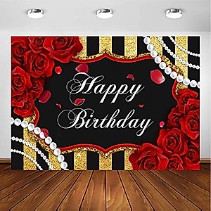 Avezano Red Rose Birthday Backdrop for Girls Woman Party Decorations Red Roses Floral Pearl Black and Gold Stripes Happy Birthday Party Banner Photoshoot Photography Background Party Supplies (7x5ft)
