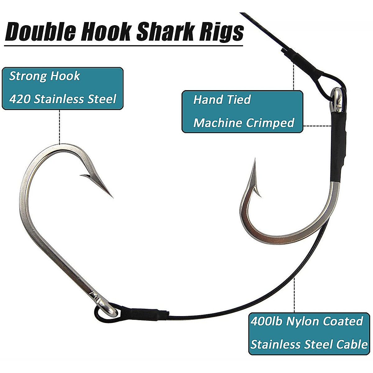Shark Fishing Rig Double Tuna Hook Rig Shark Leaders 400lb Super Strong Stainless Steel Cable Wire Leader Shark Rigs Saltwater Fishing Tackle