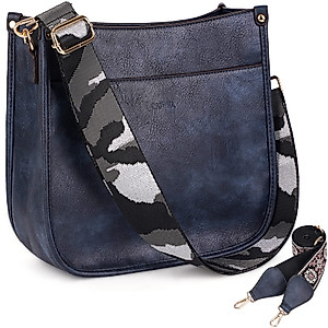 Caitina Crossbody Bags For Women Vegan Leather Hobo Handbags Designer Crossbody Purses Bucket Bag For Women with 2PCS Adjustable Strap(Blue Black)
