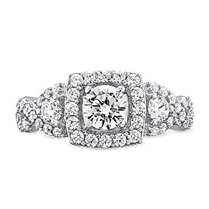 .925 Sterling Silver Round Brilliant Cut Cubic Zirconia Cushion Halo Three Stone Infinity Twist Engagement Ring - Size 7