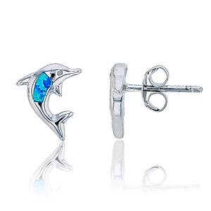 DECADENCE Rhodium Polished Created Opal Stud Earrings for Women | Dolphin 10x10mm Studs | Blue Green Turquoise | 925 Sterling Silver Pushbacks