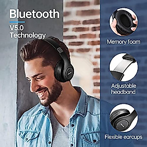 pollini Bluetooth Headphones Wireless, 40H Playtime Foldable Over Ear Headphones with Microphone, Deep Bass Stereo Headset with Soft Memory-Protein Earmuffs for iPhone/Android Cell Phone/PC (Black)