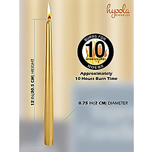 12 Pack Tall Metallic Taper Candles - 12 Inch Gold Painted Metallic, Dripless, Unscented Dinner Candle - Paraffin Wax with Cotton Wicks - Individually Wrapped -by Hyoola