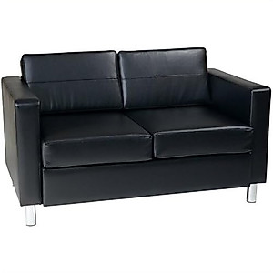 OSP Home Furnishings Pacific Loveseat with Padded Box Spring Seats and Silver Finish Legs, Black Vinyl
