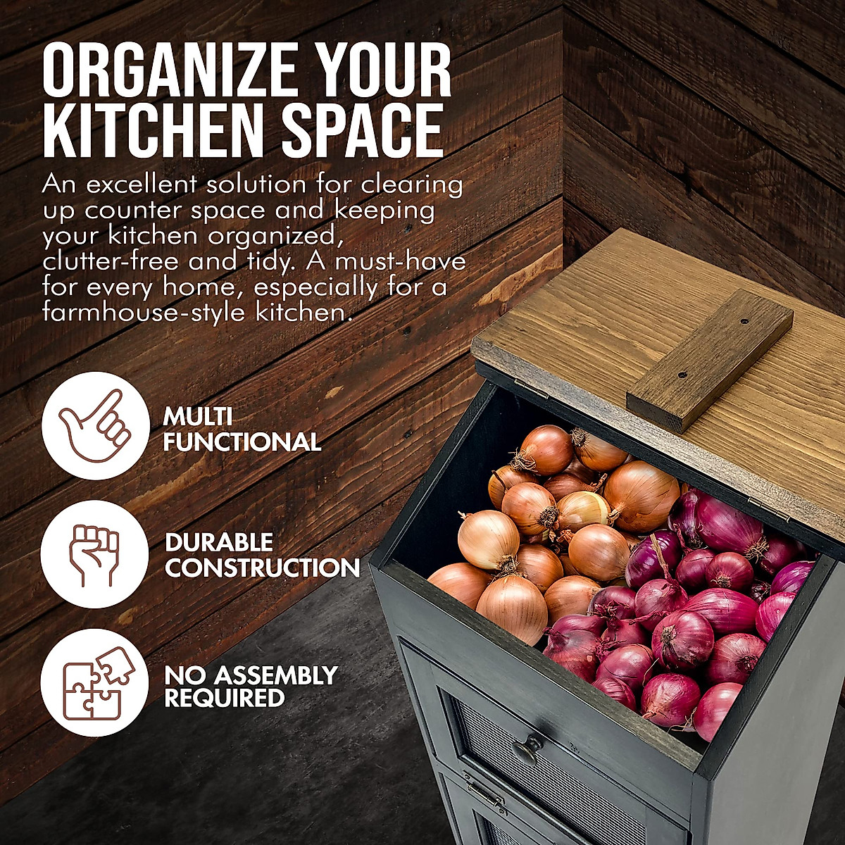 Peaceful Classics Potato Storage Wood Box, Wooden Bread Storage Bins, Decorative Potato and Onion Storage Bin, Potato Bin w/Grocery Section, Wooden Vegetable Storage w/Lid for Kitchen Pantry, Mocha