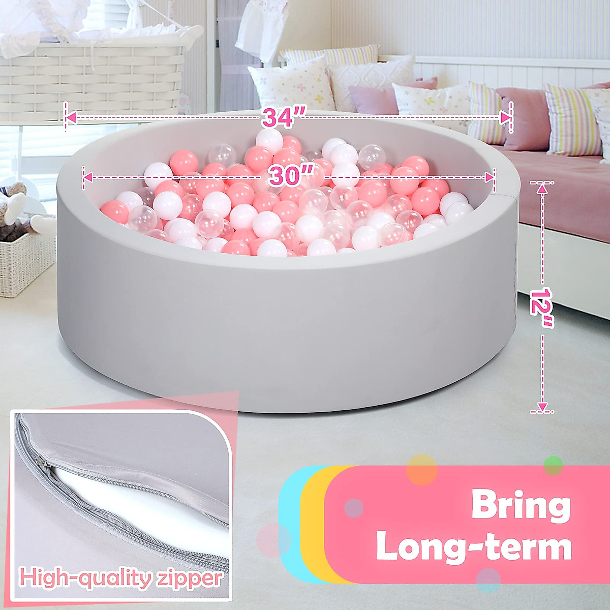 Moncoland Round Foam Kids Ball Pit for Toddlers, Large Baby Ball Pit with Soft Sponge Kids Play Tent Ball Pool, Children Gift Idea for Baby Infant Indoor and Outdoor Game (Gray, No Balls)