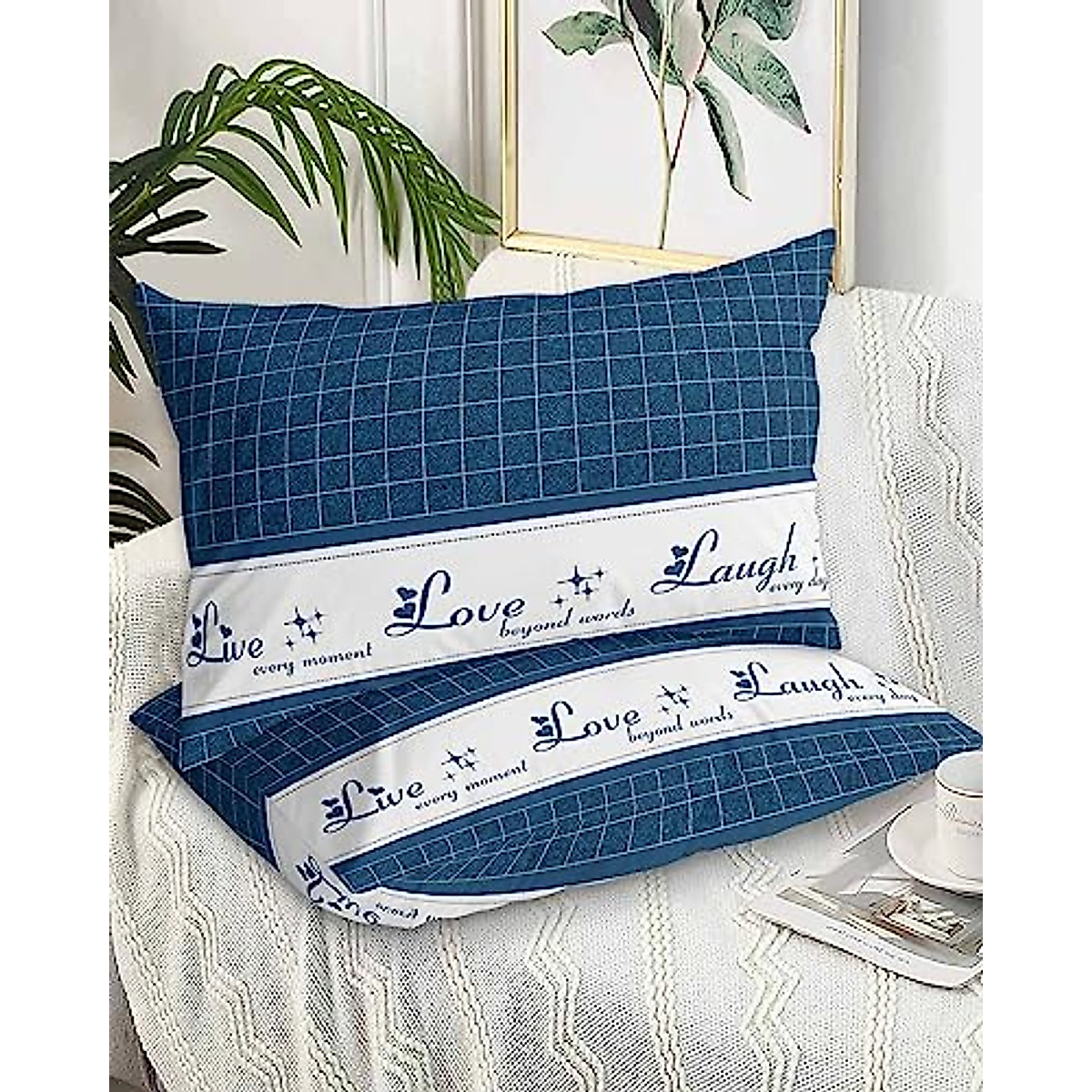 Edwiinsa Navy Blue Plaid Pillow Covers Standard Size Set of 2 20x26 Bed Pillow, Farmhouse White Live Love Laugh Plush Soft Comfort for Hair/Skin Cooling Pillowcases with Envelop Closure