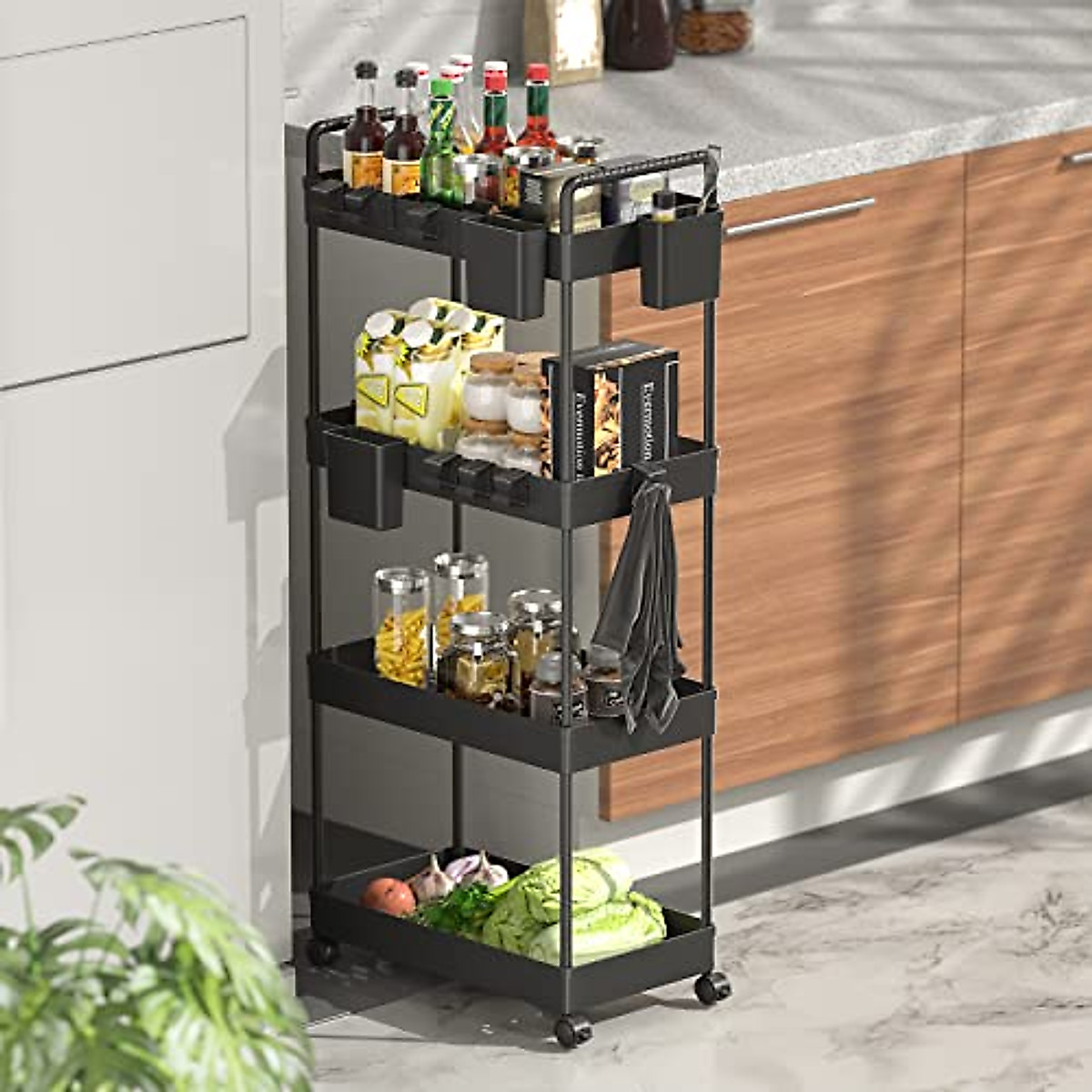 Mosxoed Slim Storage Cart Rolling Utility Cart with Wheels 4 Tier Mobile Bathroom Organizer Cart for Laundry Room Kitchen Office Narrow Space with Handle Hanging Cups Dividers, Black, 35" H