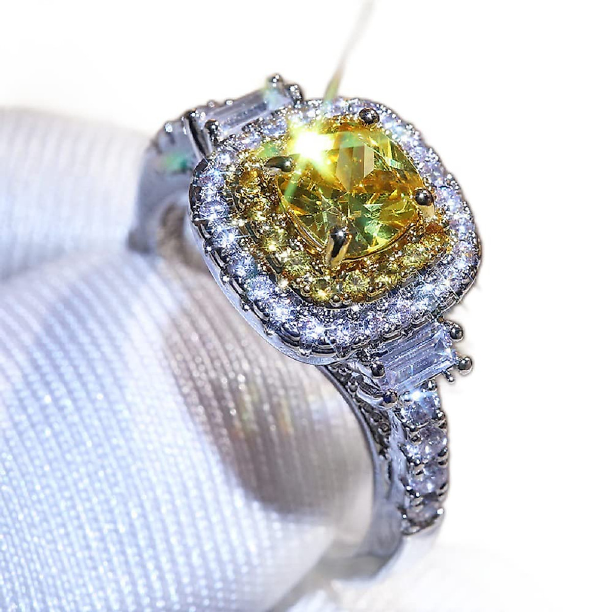 LRGKMCWTOB 925 Sterling Silver Full Diamond Ring Shiny Citrine Ring Square Cut 6CT Canary Yellow Halo Square Cushion Cut CZ Cubic Zirconia Statement Eternity Engagement Wedding Band Ring (Size 7)