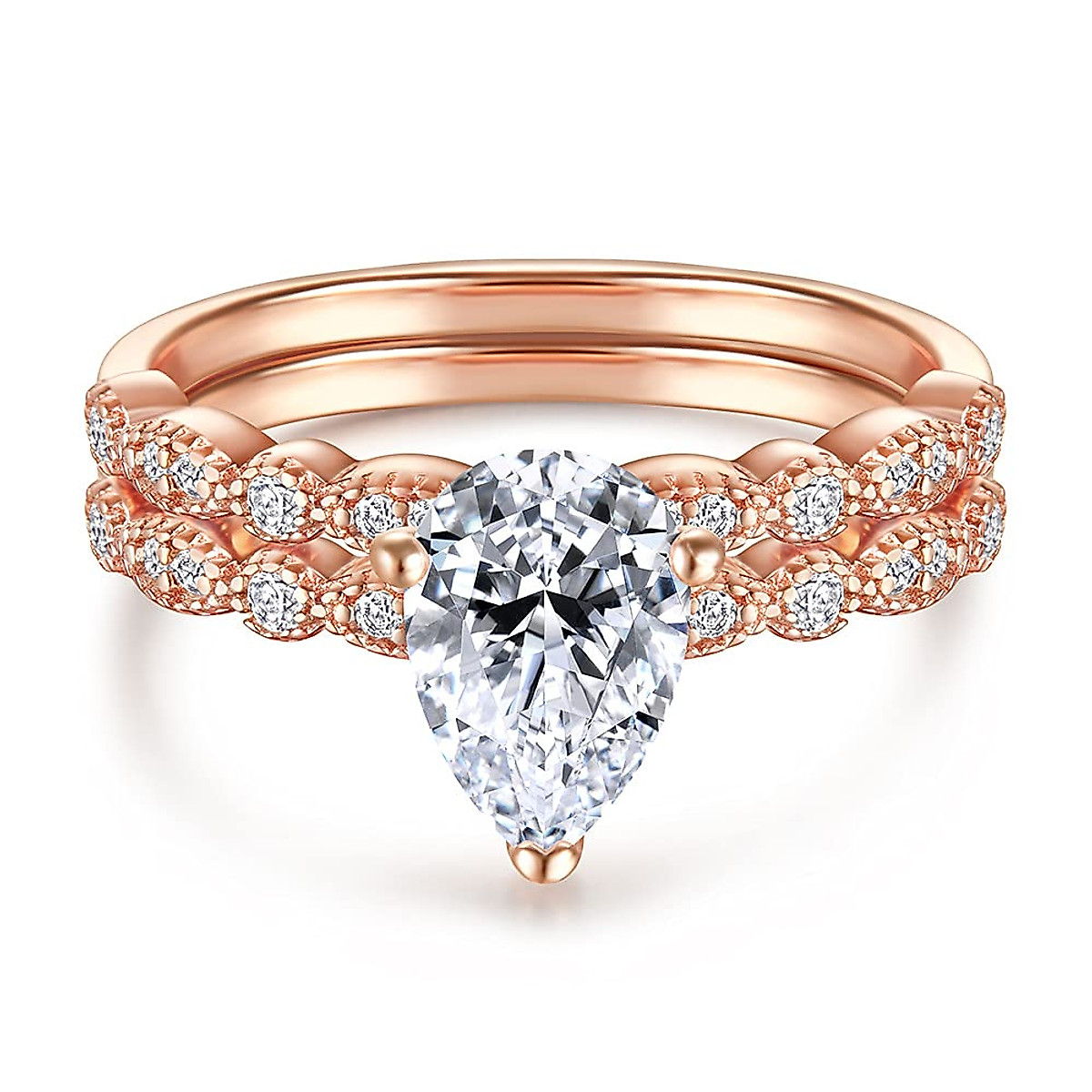 Vintage Wedding Ring Set for Women Bridal Sets Wedding Rings, 1 Carat Center Round/Radiant/Pear Cut Moissanite Engagement Ring Set 925 Sterling Silver 10K 14K 18K Gold Free Engraving(Style 2 - Pear Cut)